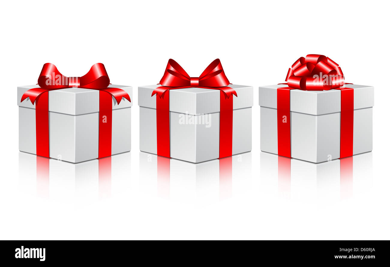 Three white gift boxes with a red bows Stock Photo - Alamy