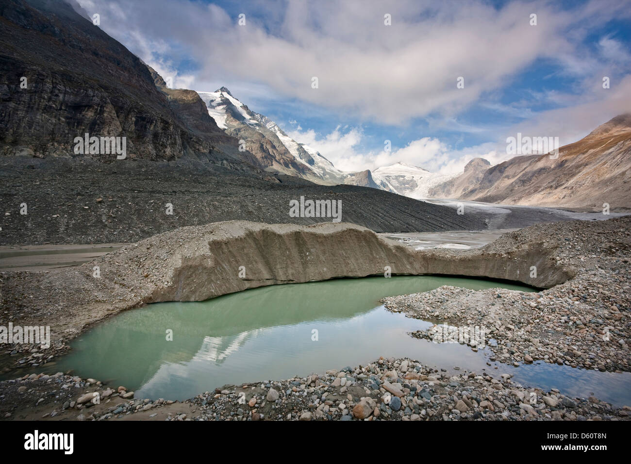 Pasterze glacier near Grossglockner with lakes formed by melting of ...