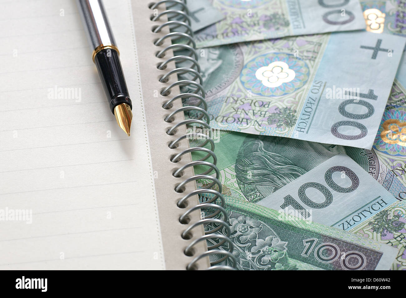 Polish currency with a gold pen and notebook Stock Photo - Alamy