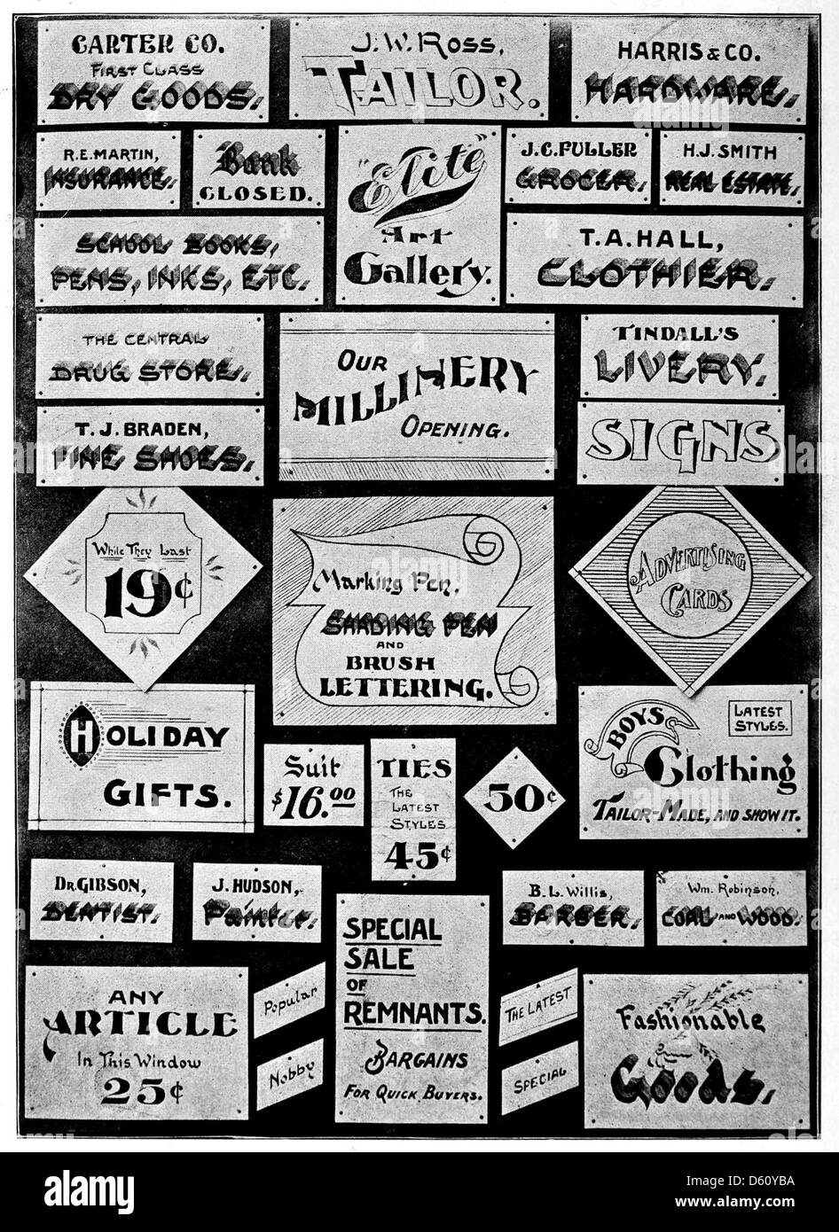 This 1905 illustration demonstrates various techniques in lettering ...