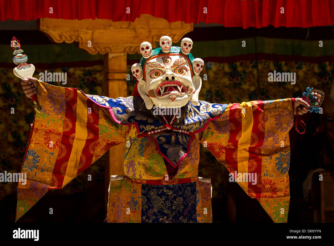 KARSHA, INDIA - JUL 17: unidentified monk performs a religious mask ...