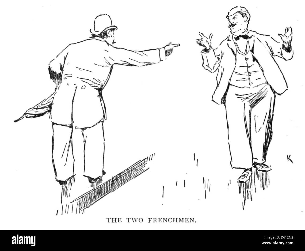 This image captures a Frenchman in America engaged in an animated ...