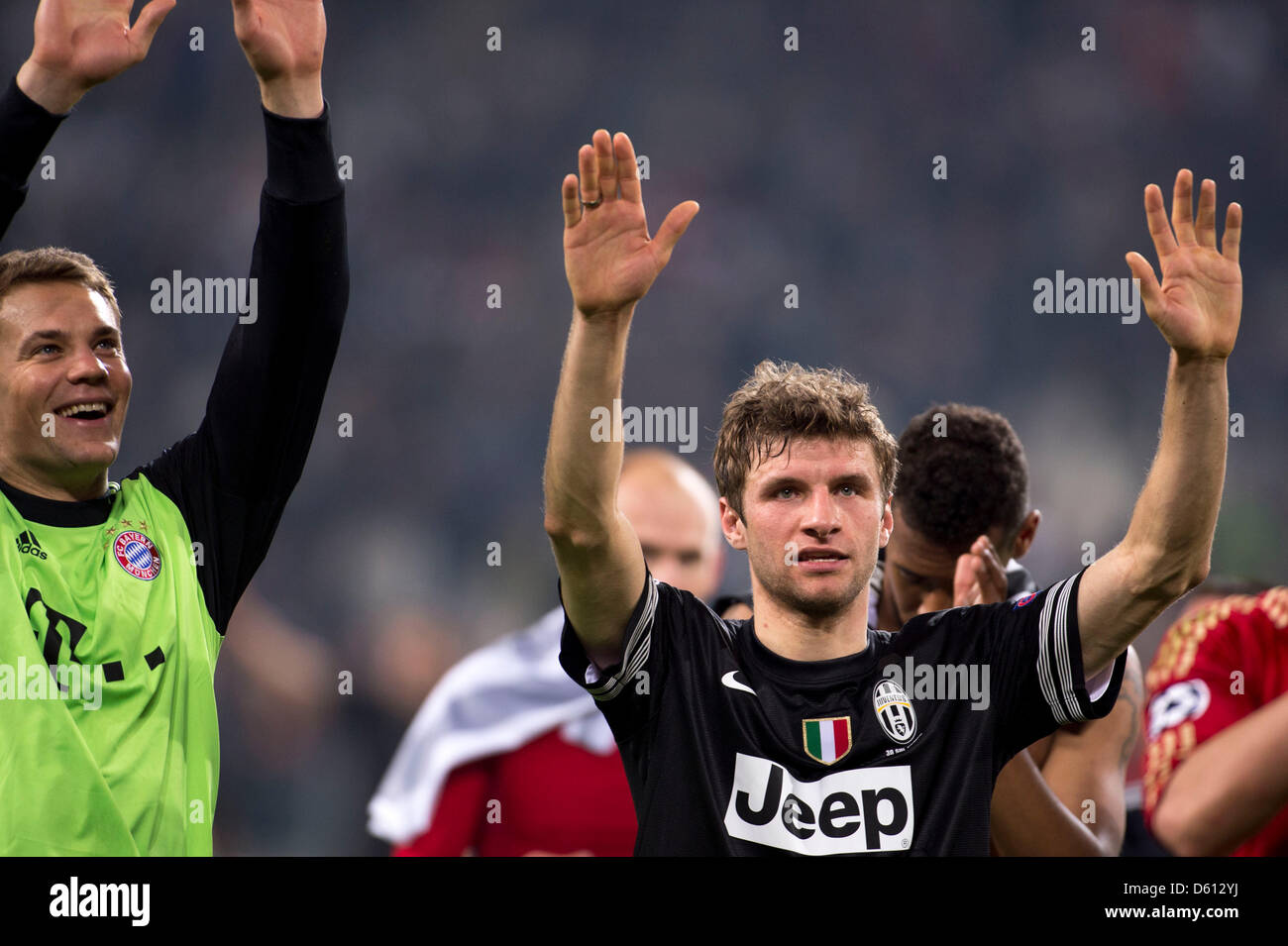 Turin, Italy. 10th April 2013. (L-R) Manuel Neuer, Thomas Muller ...
