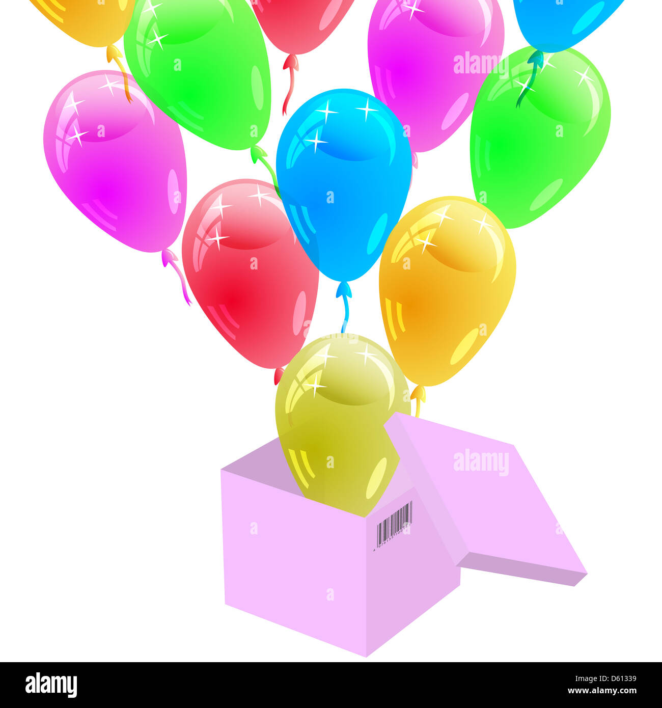 Glossy multicolored balloons flying out of the cardboard box. Vector ...