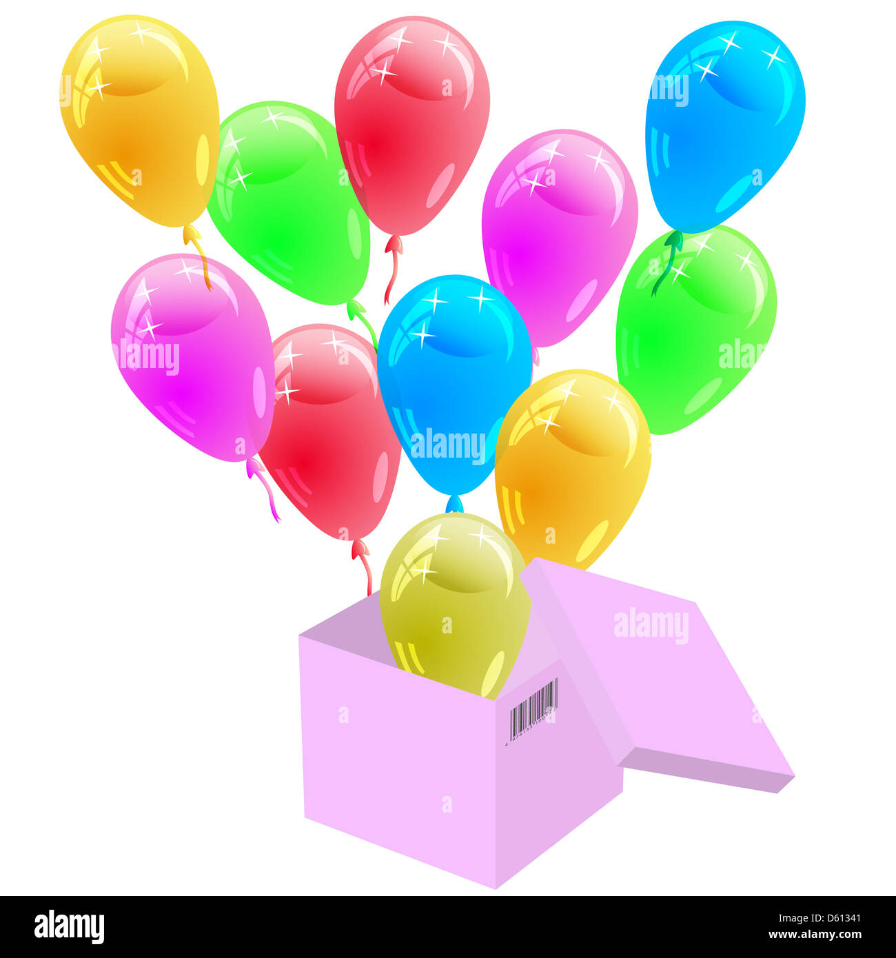 Glossy multicolored balloons flying out of the cardboard box. Vector ...