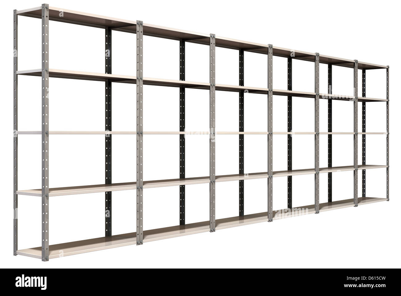 A regular assembled metal warehouse shelving unit on an isolated ...