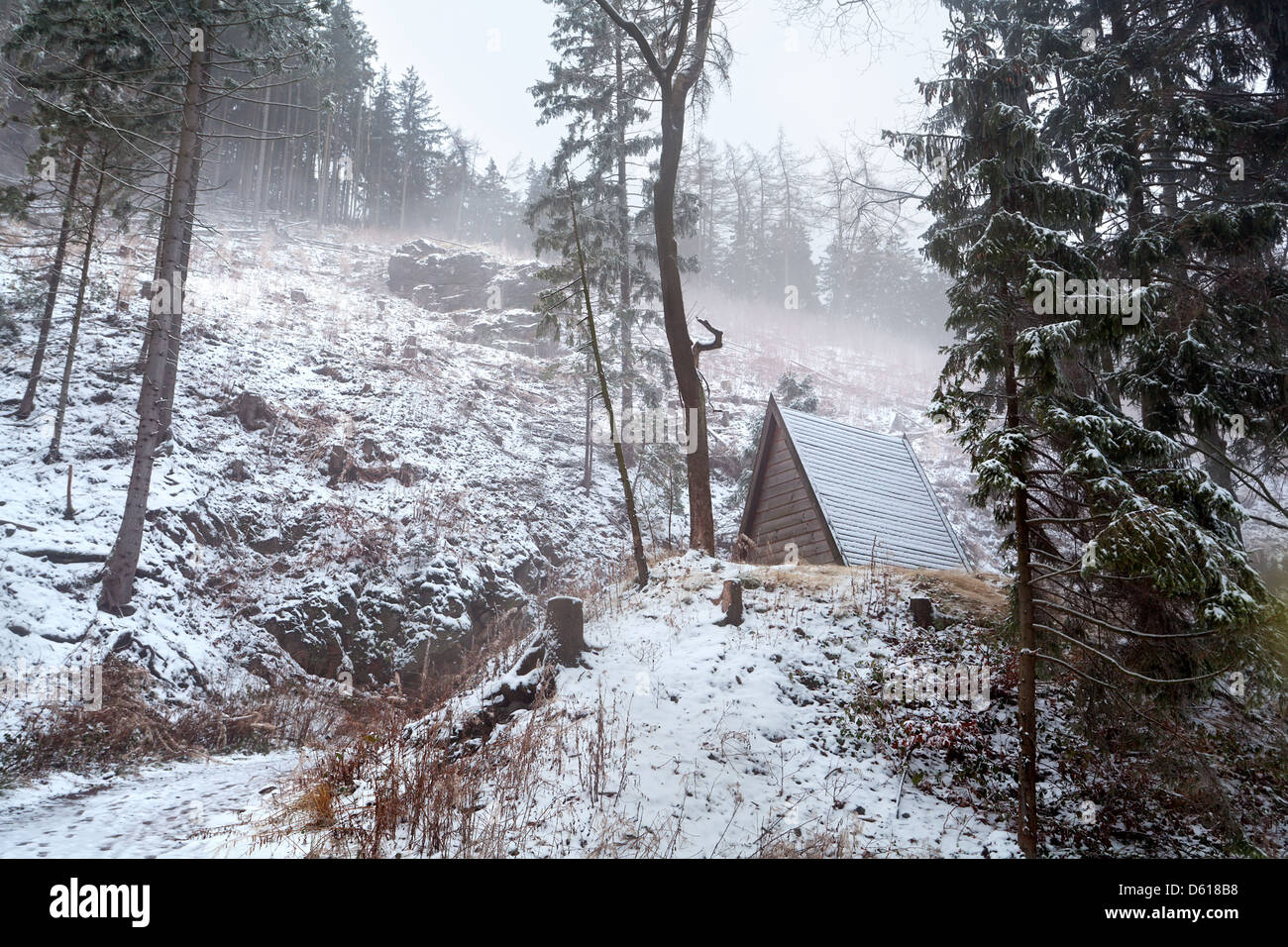 wooden hut in winter mountains Stock Photo - Alamy