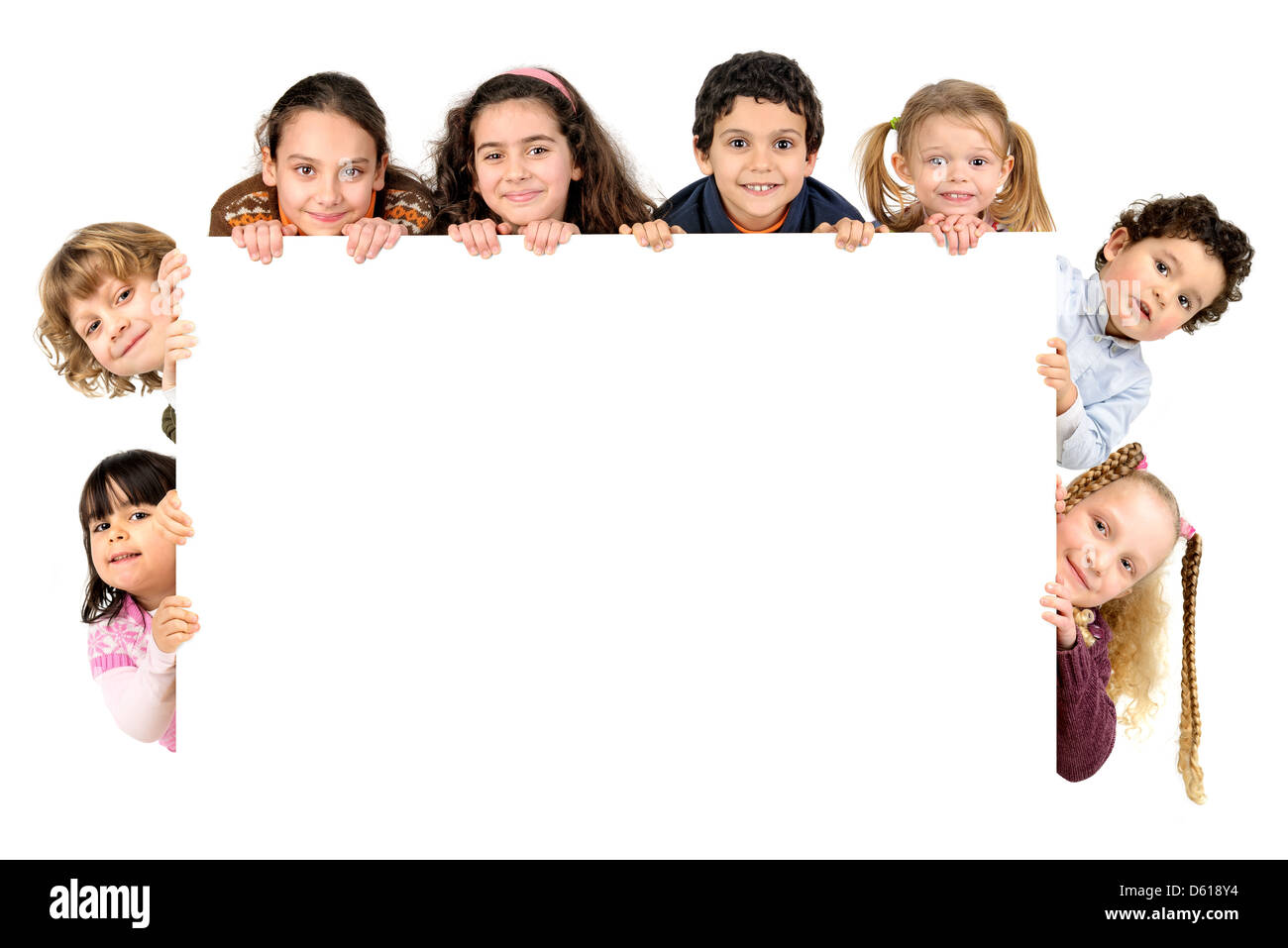 Group of children with a white board isolated in white Stock Photo - Alamy