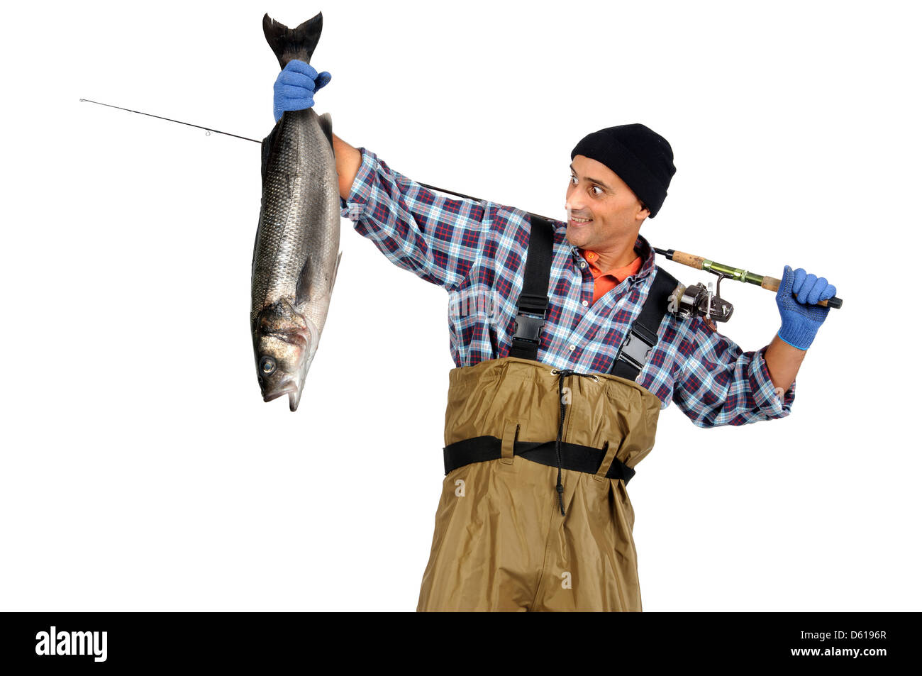 Fisherman posing with the catch isolated in white Stock Photo - Alamy