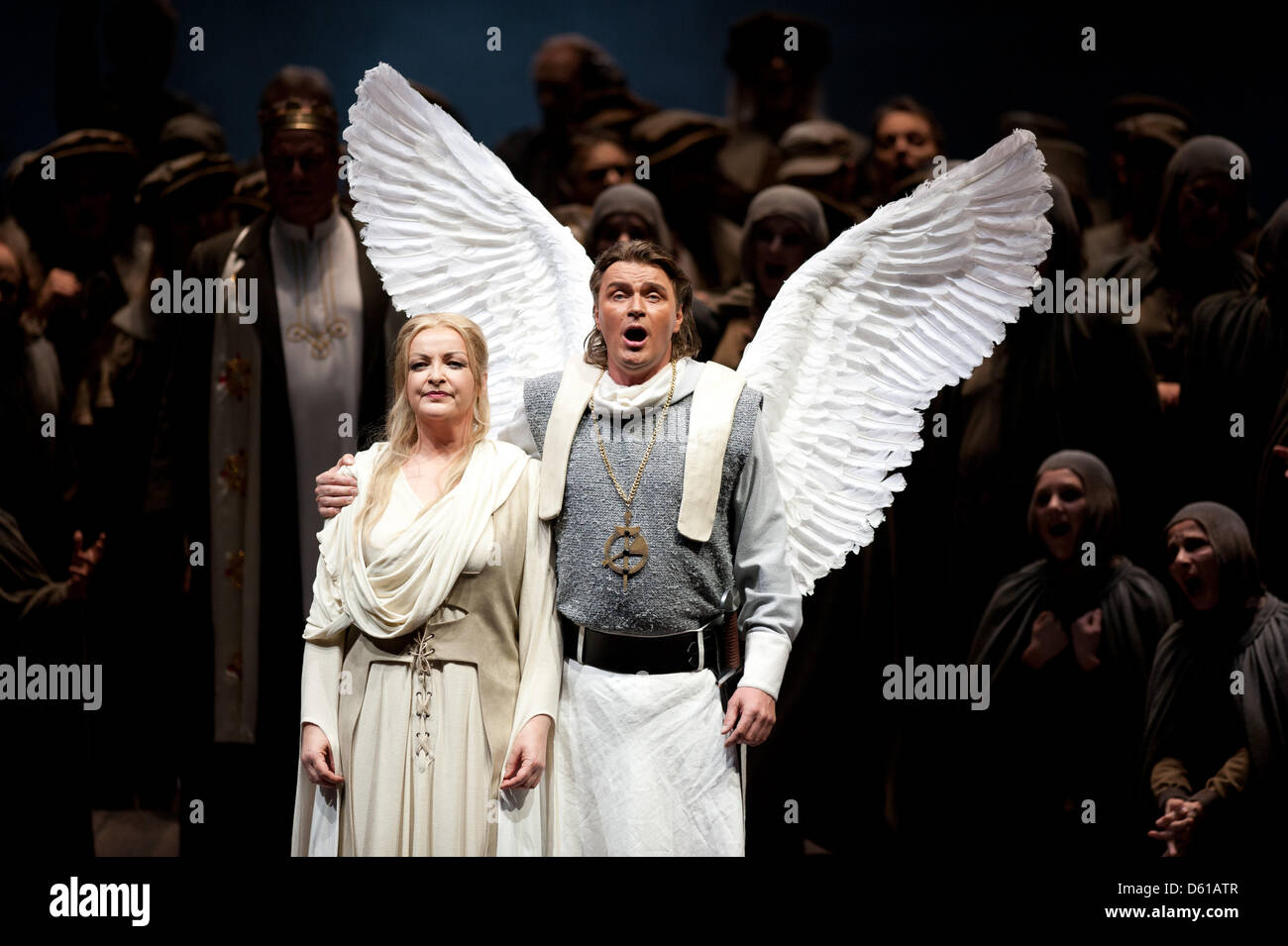 Heldentenor Klaus Florian Vogt as Lohengrin (R) and Ricarda Merbeth as ...