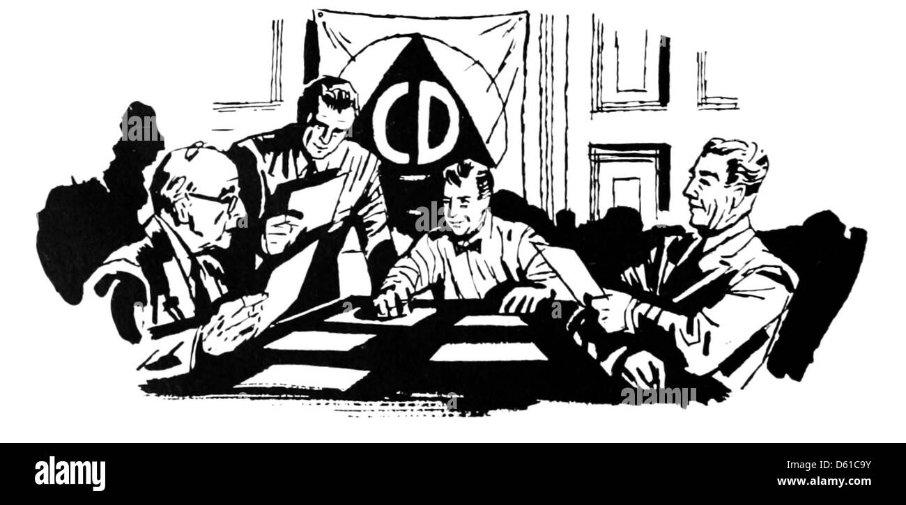 This image from 1951 shows a meeting discussing civil defense ...