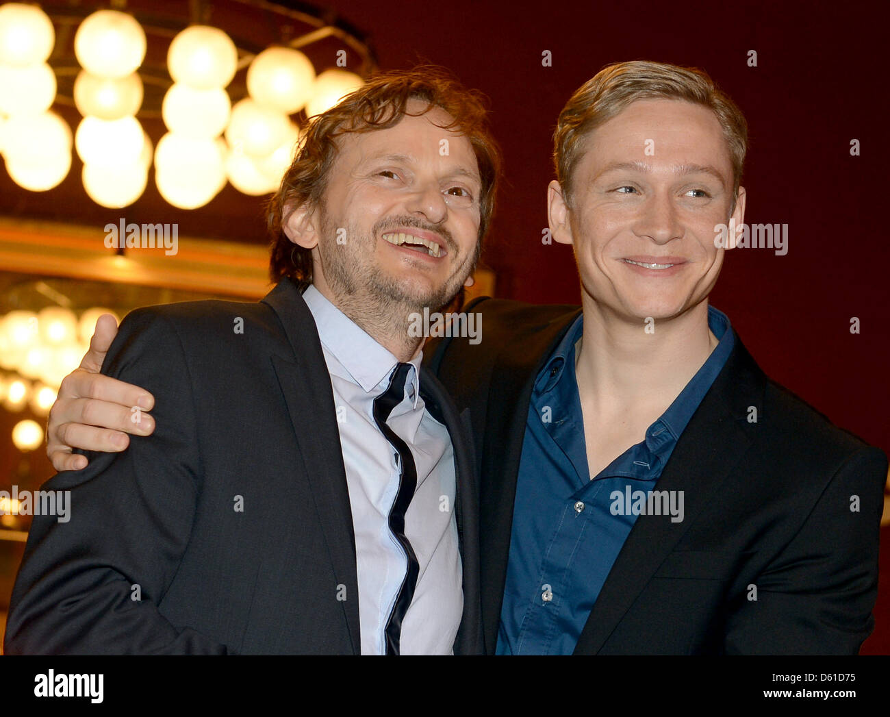 Actors Milan Peschel (L) and Matthias Schweighoefer pose during filming ...