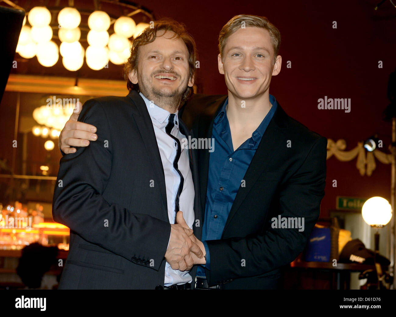 Actors Milan Peschel (L) and Matthias Schweighoefer pose during filming ...