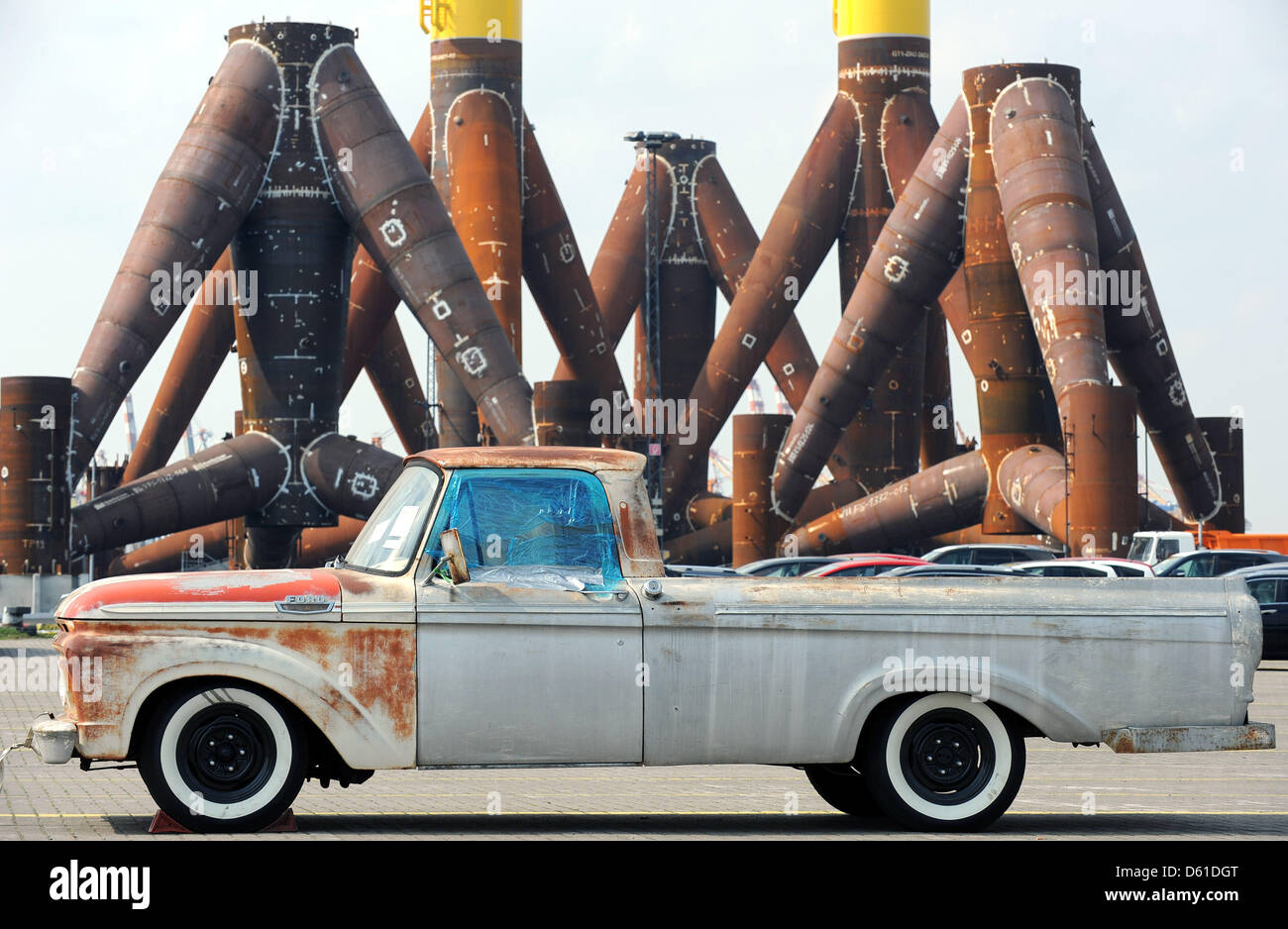 Gigantic tripods of offshore construction company 'WeserWind Ltd.' are ...
