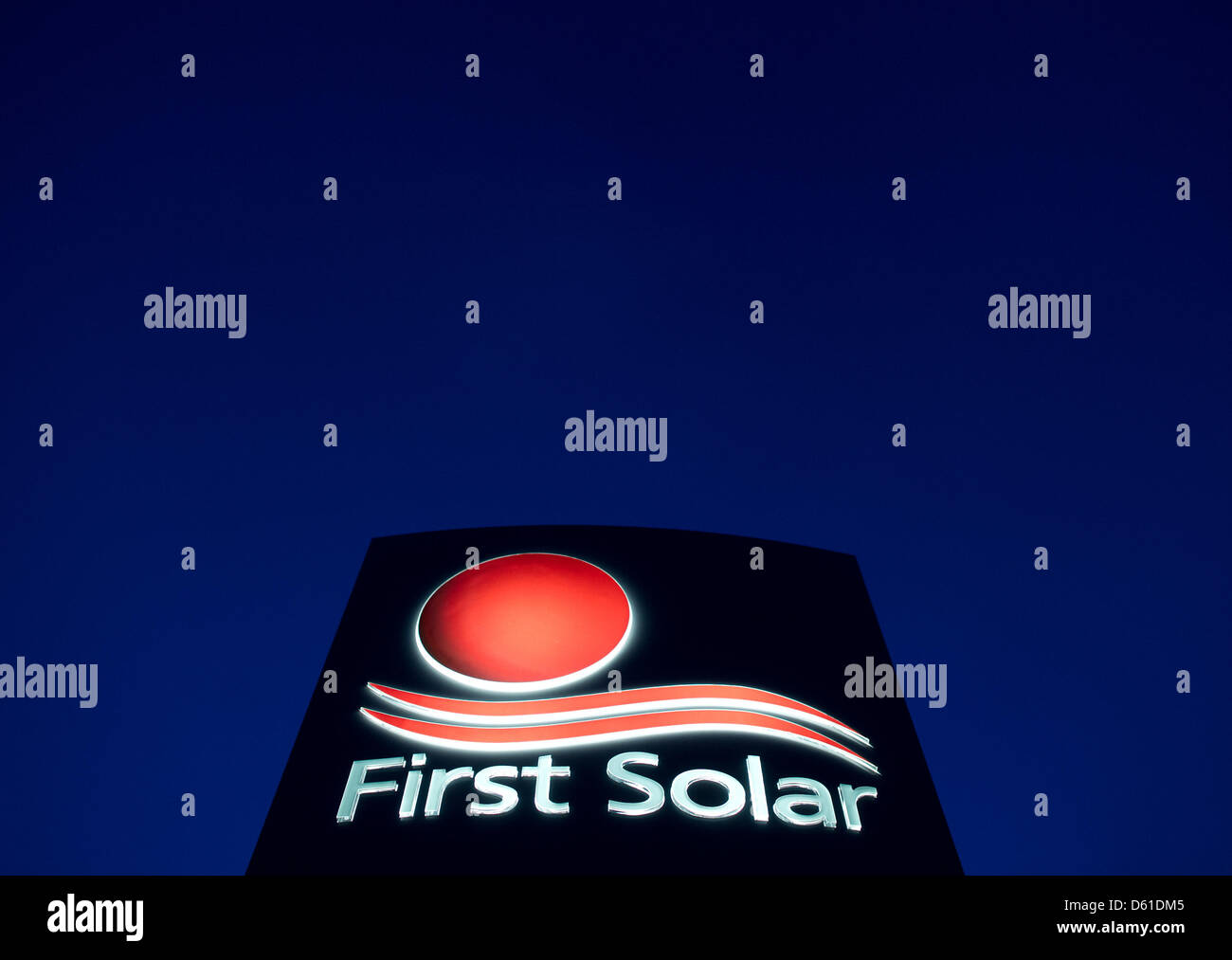 A sign at the plant of US company First Solar is pictured in Frankfurt ...