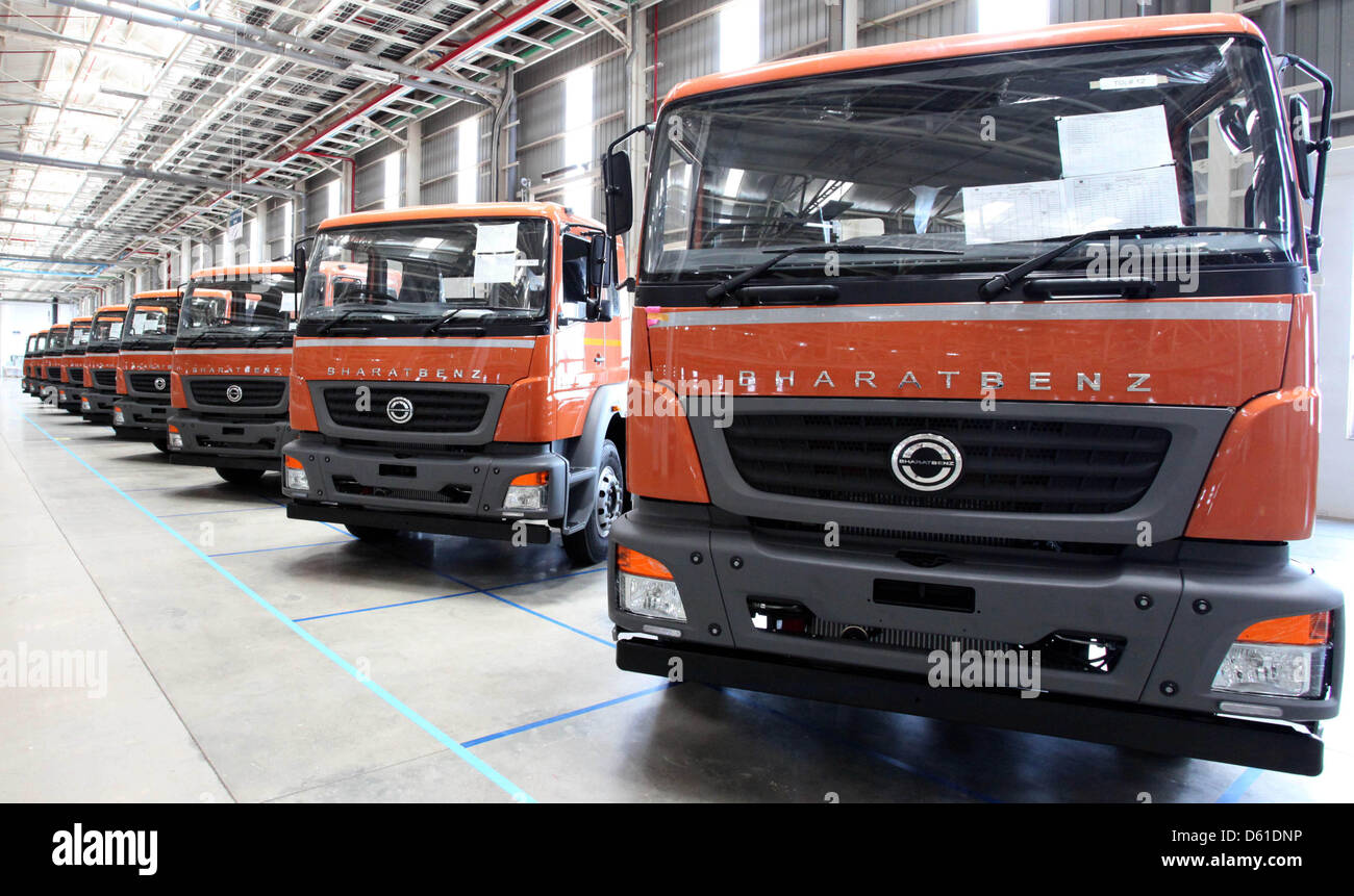 Trucks of the new Daimler brand Bharat-Benz await distribution at the ...