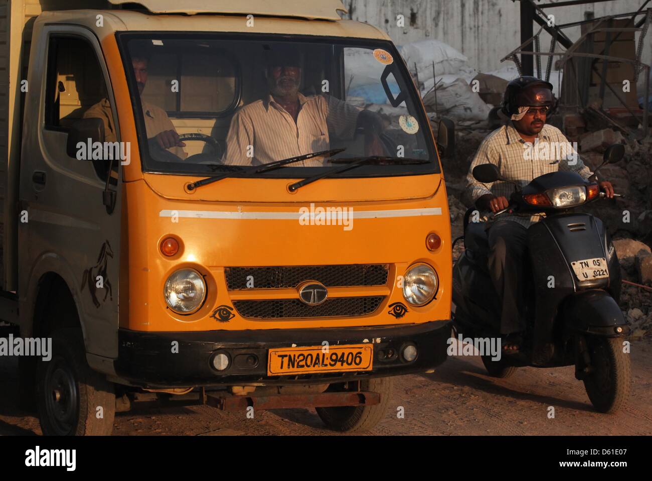 A small truck from Indian turck manufacturing giant Tata drives on the ...