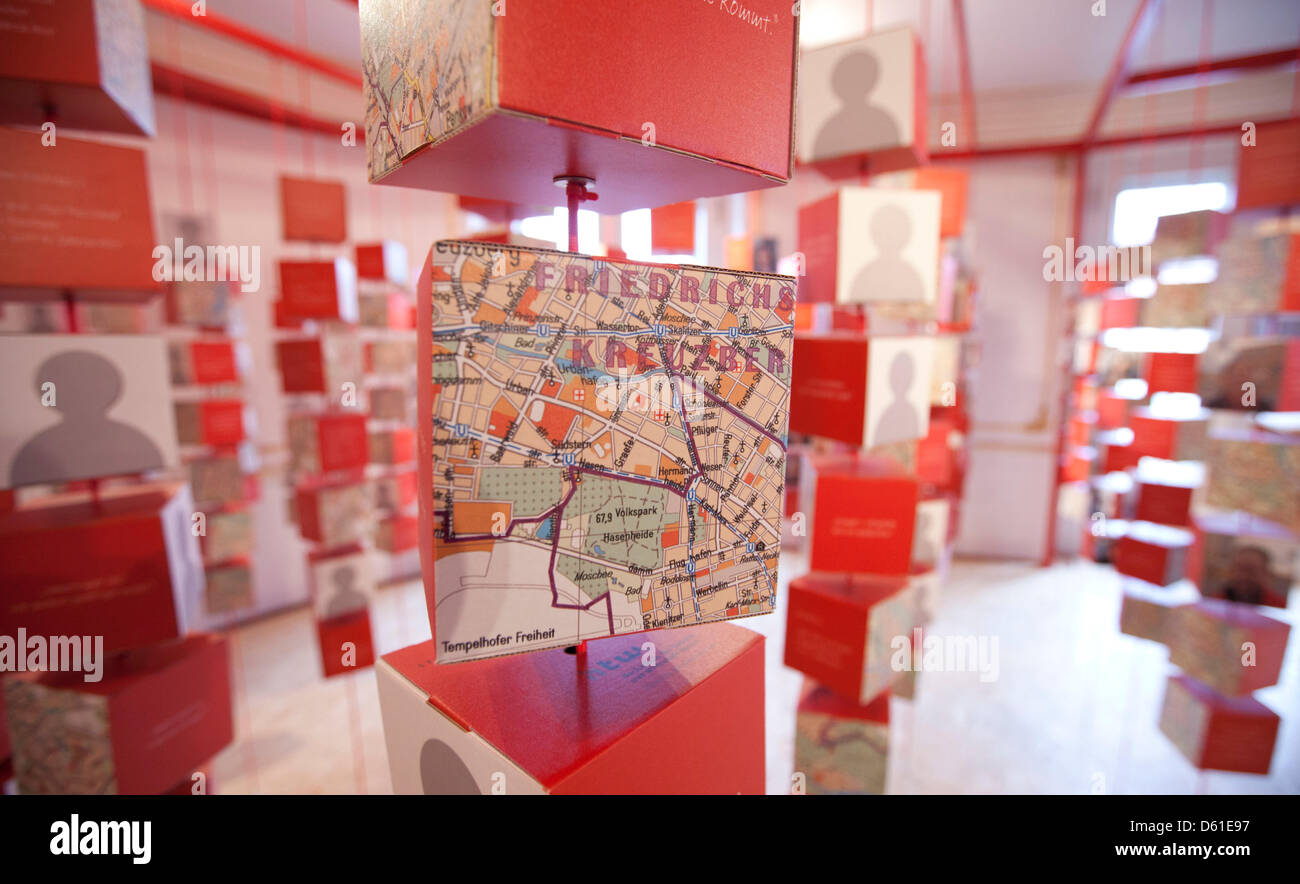 Carton boxes with maps, portraits and quotes are on display at the ...