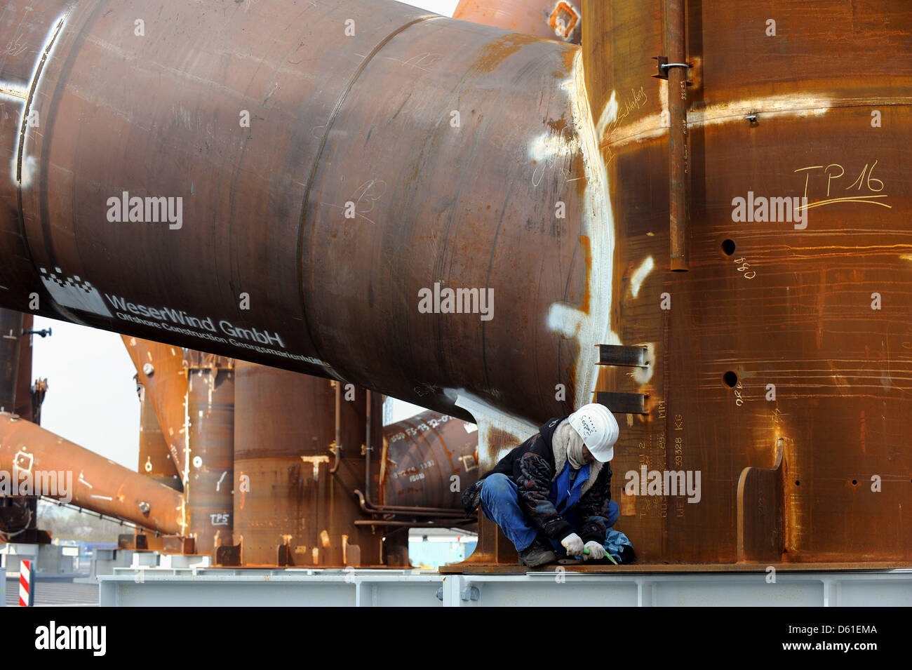 Gigantic tripods of offshore construction company 'WeserWind Ltd.' are ...