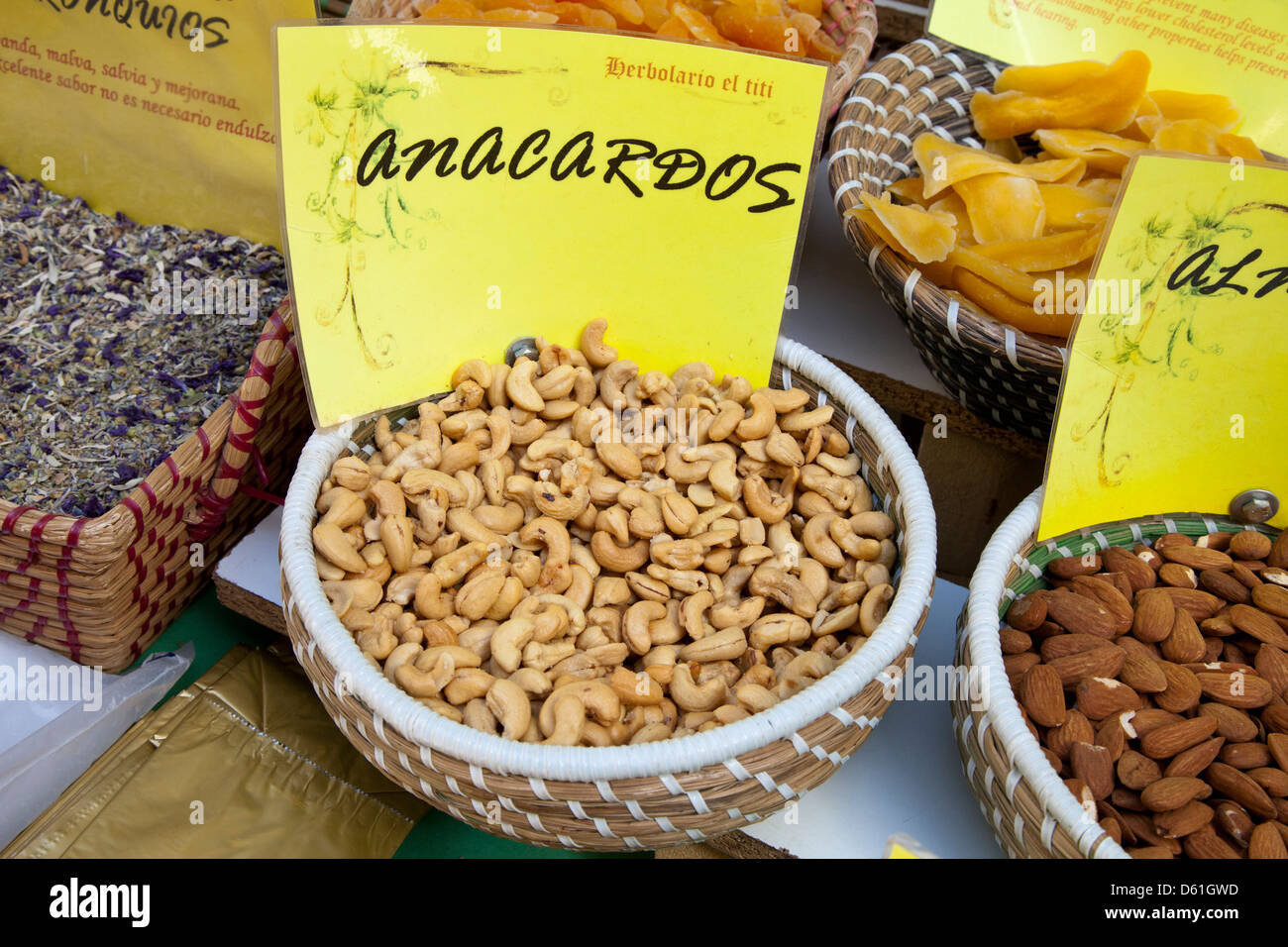 Nuts in a basket at a market stall, Granada, Andalucia, Spain, Europe ...