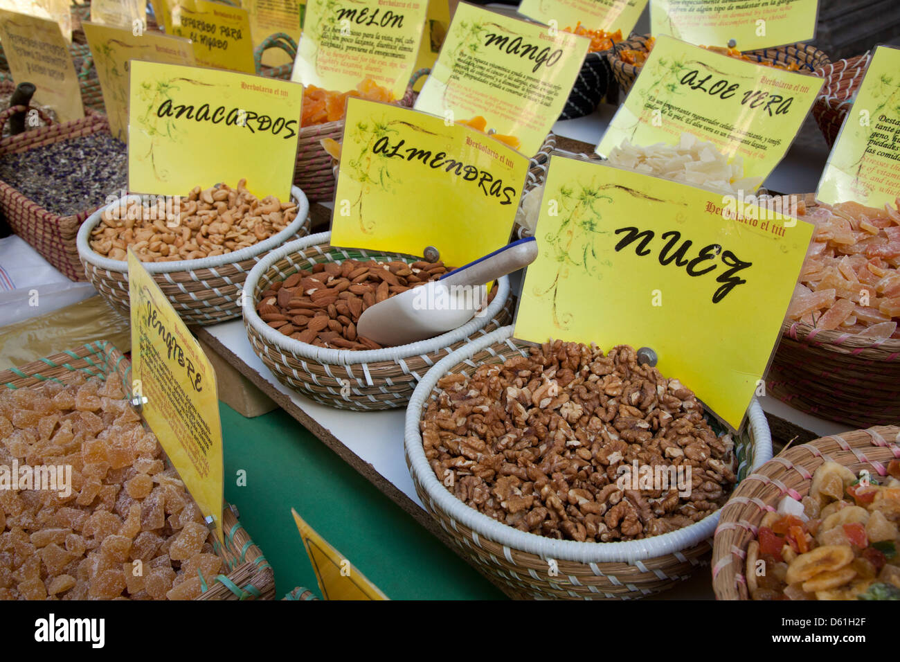 Nuts in a basket at a market stall, Granada, Andalucia, Spain, Europe ...