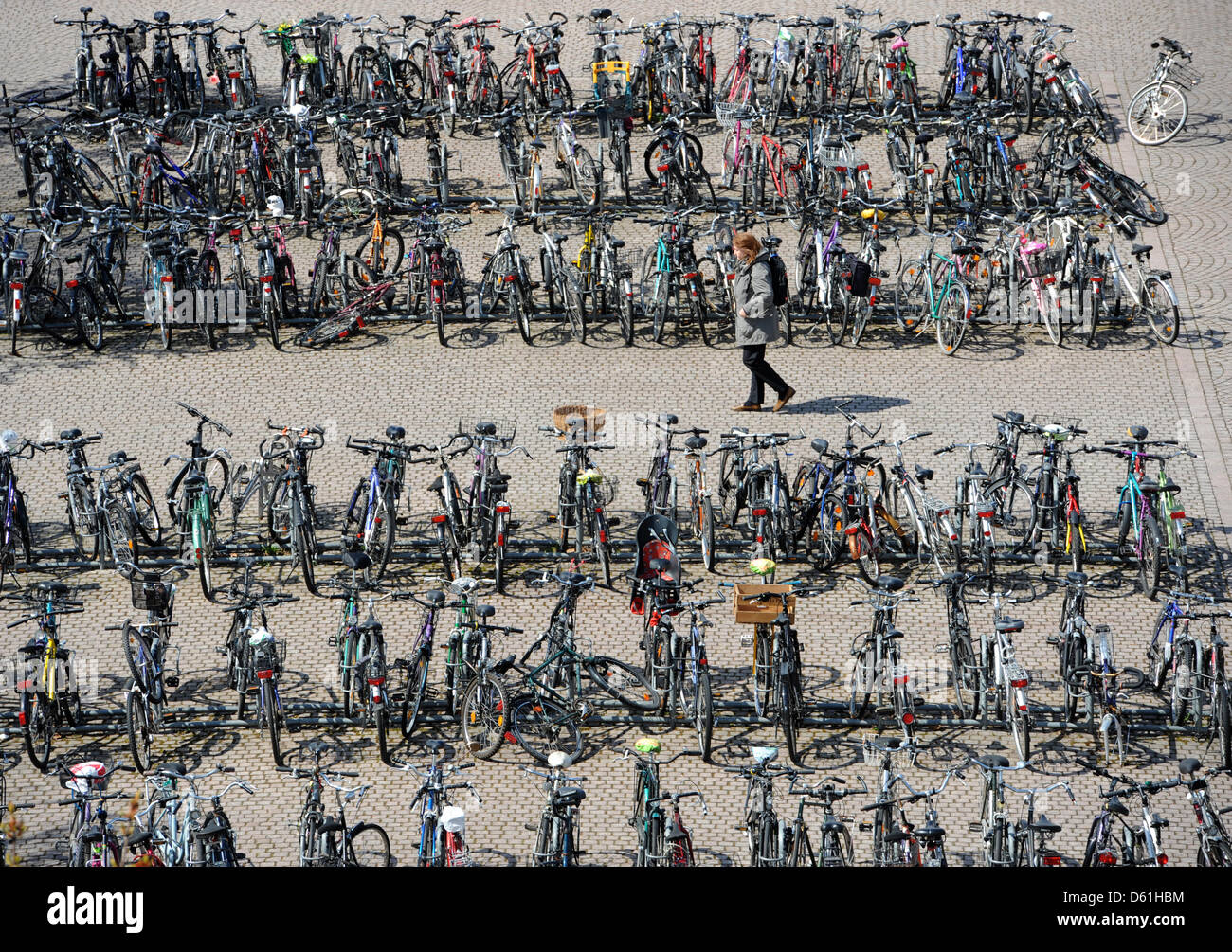 Bicycles sit in front of central station in Darmstadt, Germany, 18 ...