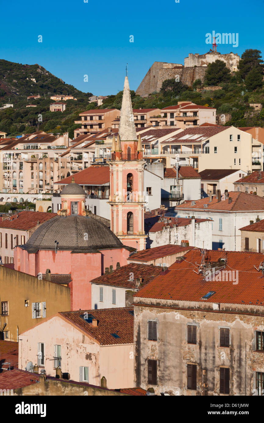 France, Corsica, La Balagne, Calvi, elevated city view above the Place ...