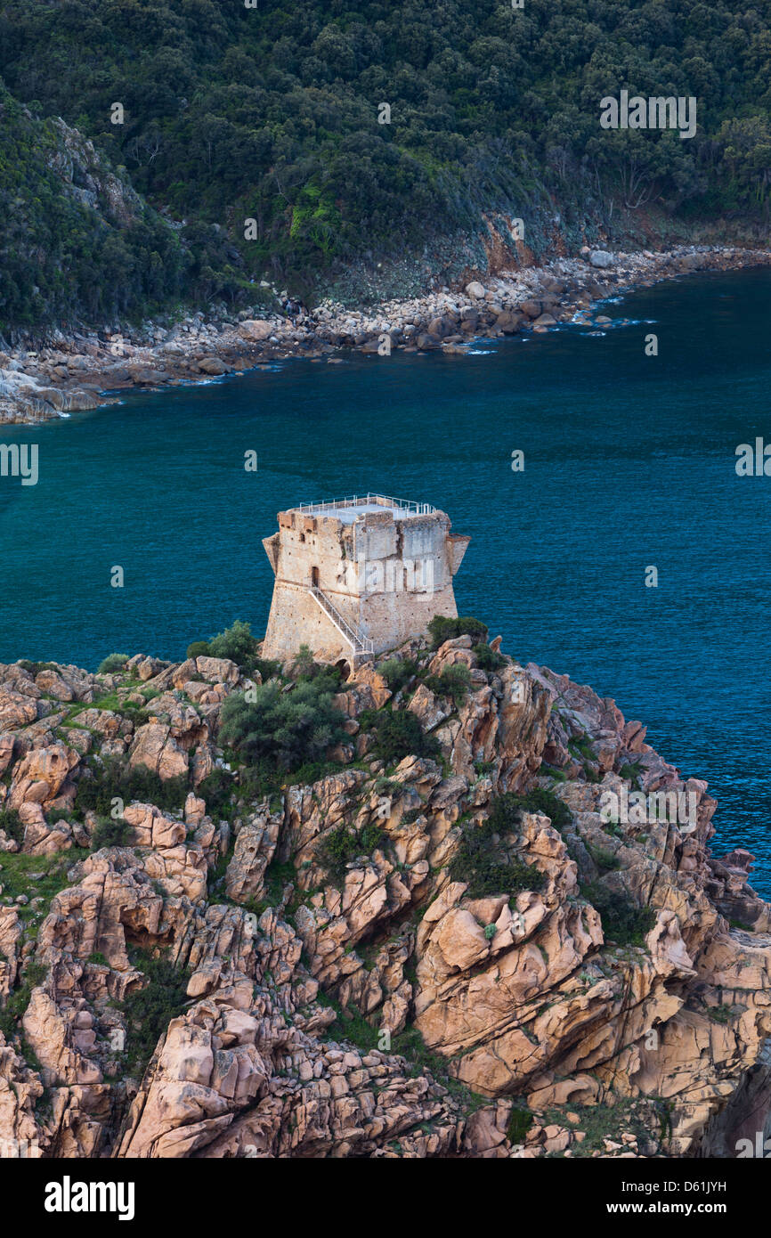France, Corsica, Calanche, Porto, elevated view of the Genoese tower ...