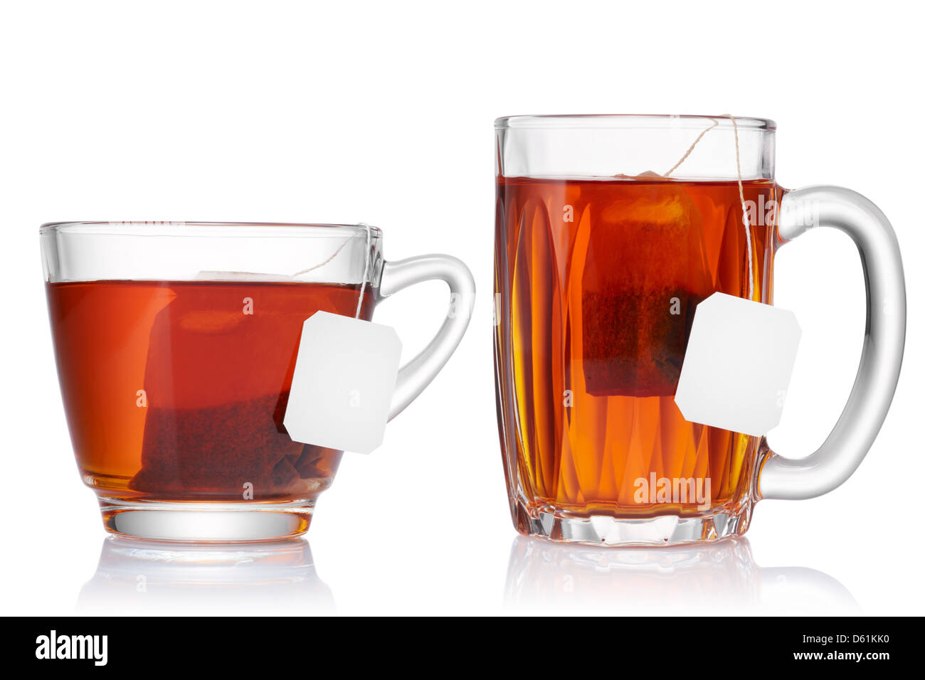 two cups of tea isolated on white with blank labels and tea bags Stock ...
