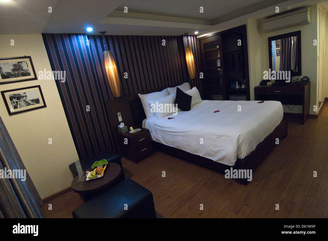 Horizontal wide angle of the interior of a new modern boutique hotel's ...
