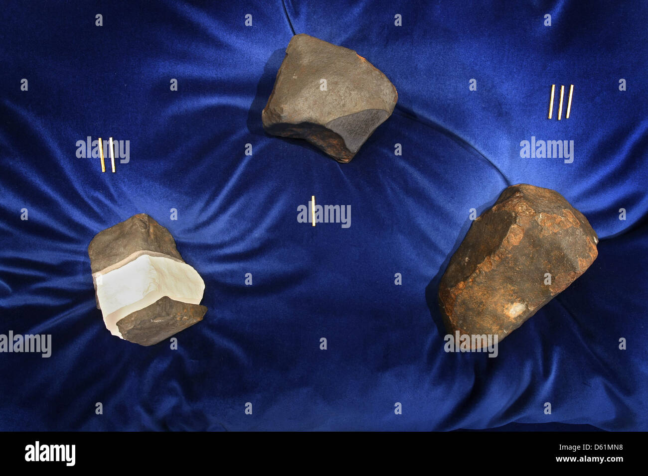 Pieces of a meteroid are presented in a showcase at the Rieskrater ...