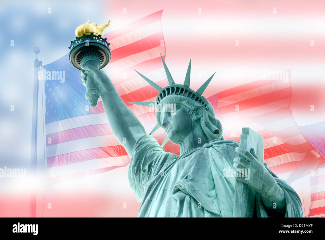 Statue of Liberty with American national Banners, New York City, New ...