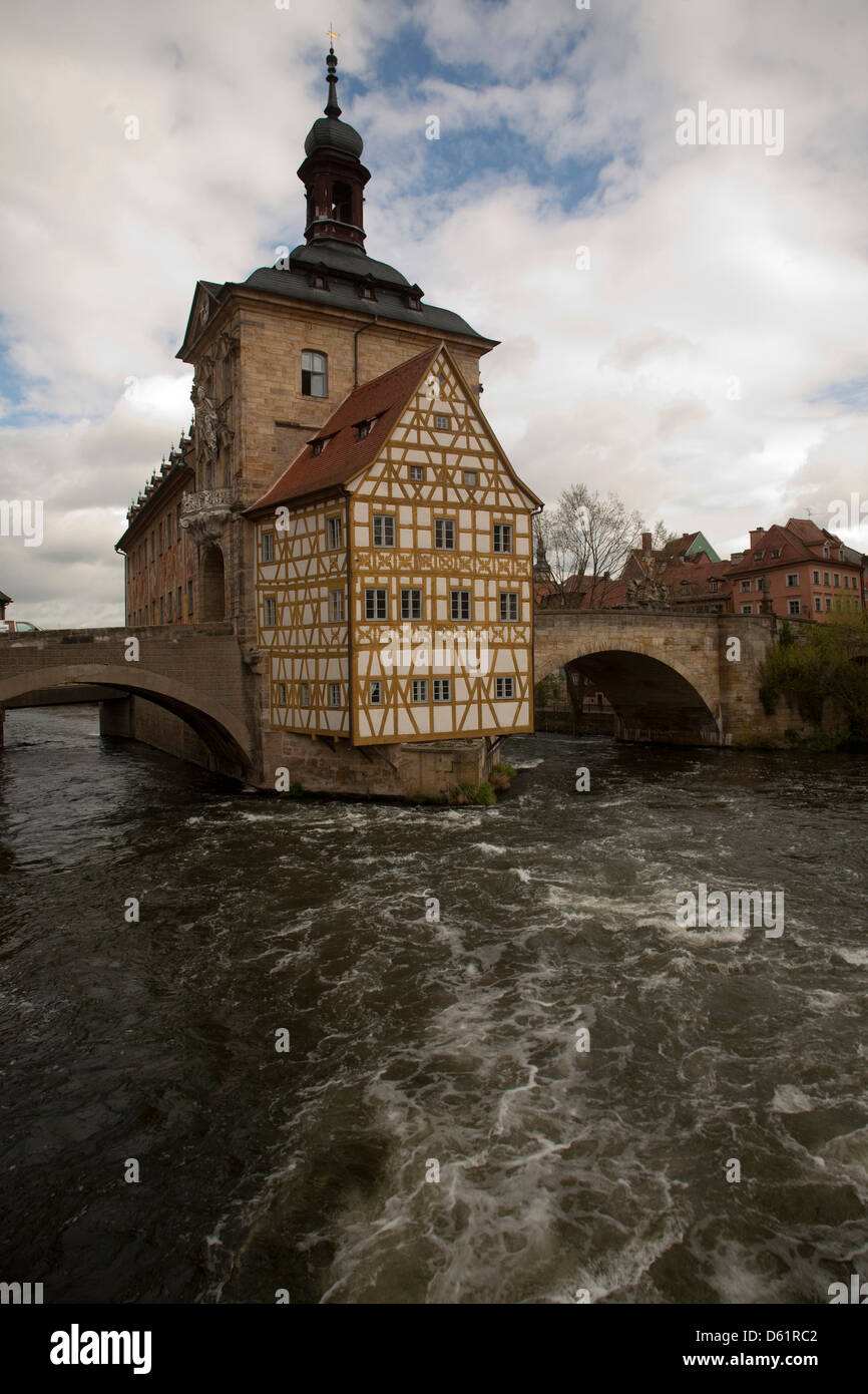 Old Town Hall built on a bridge spanning the Regnitz River in Bamberg ...