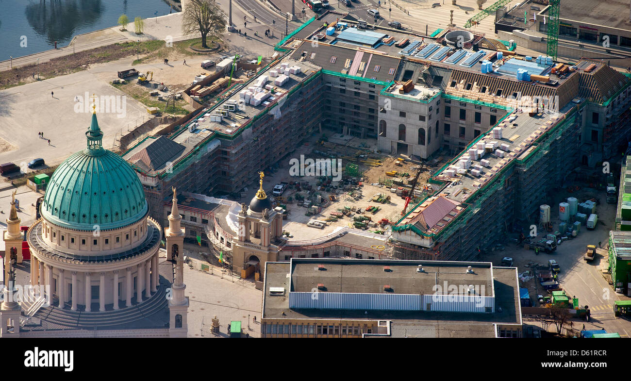 The aerial shows the construction site of the new state parliament and ...