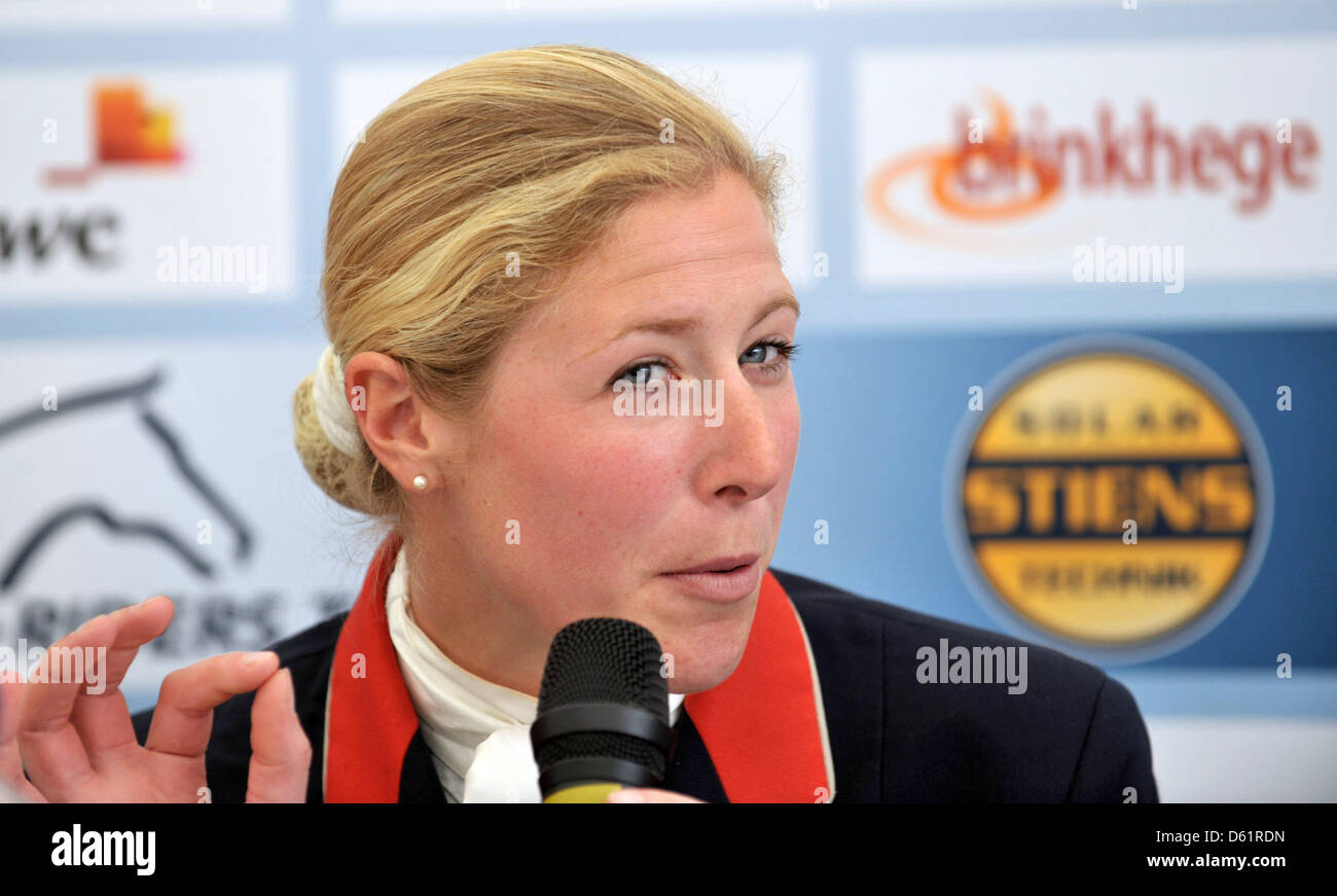 British dressage rider Laura Bechtolsheimer attends a press conference ...