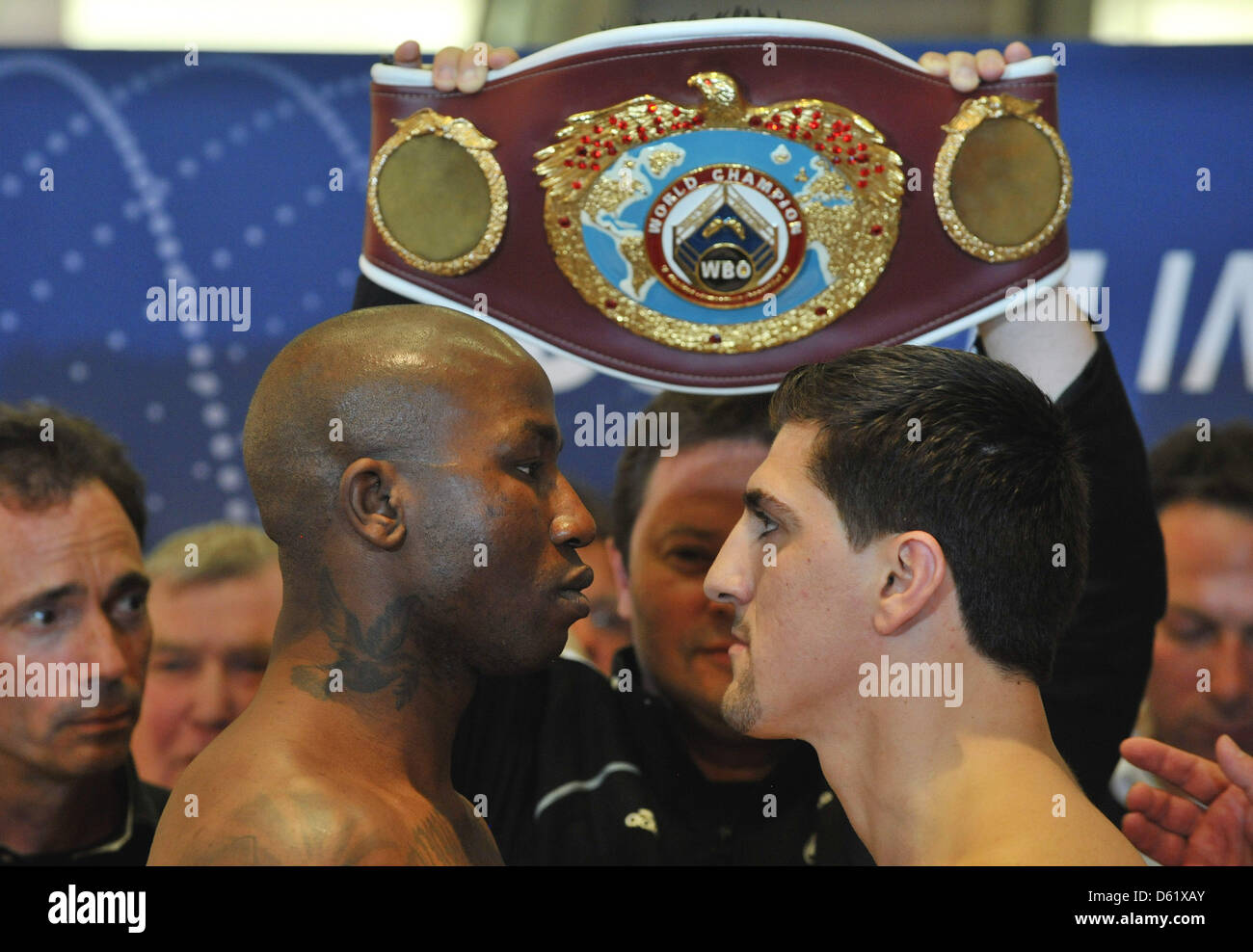 Professional boxers Marco Huck (R) from Germany and Ola Afolabi from ...