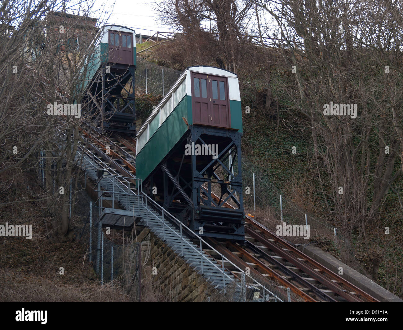 Cars passing on the Scarborough South Cliff lift running between the ...