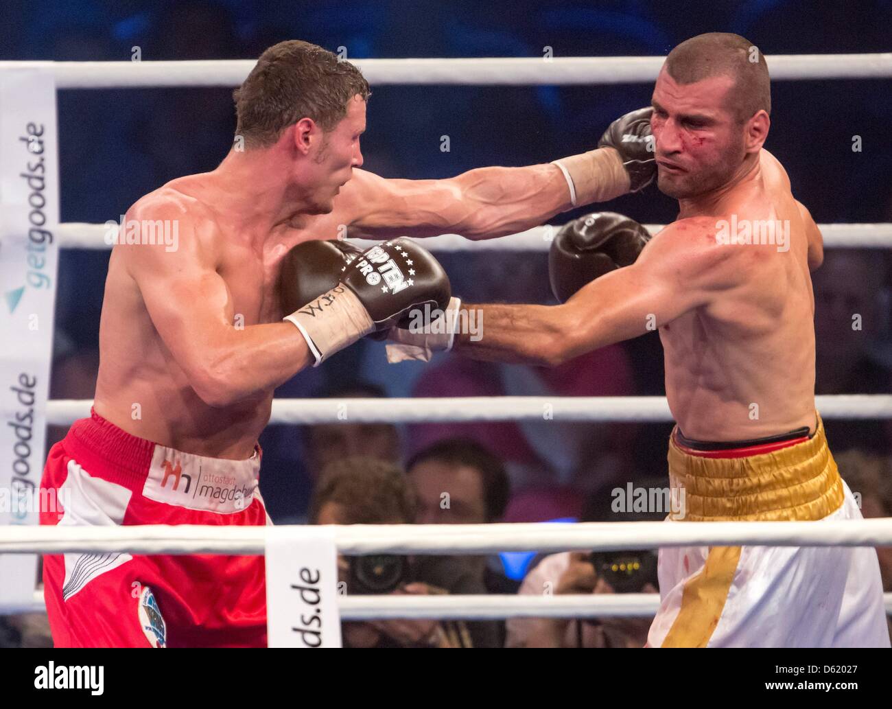 German professional boxer Robert Stieglitz (L) and Nader Hamdan from Australia fight for the WBO ...
