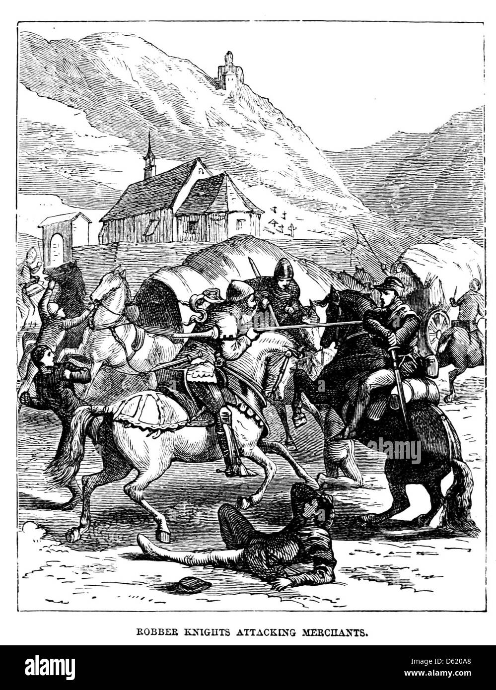 This illustration depicts a scene where robber knights are attacking ...