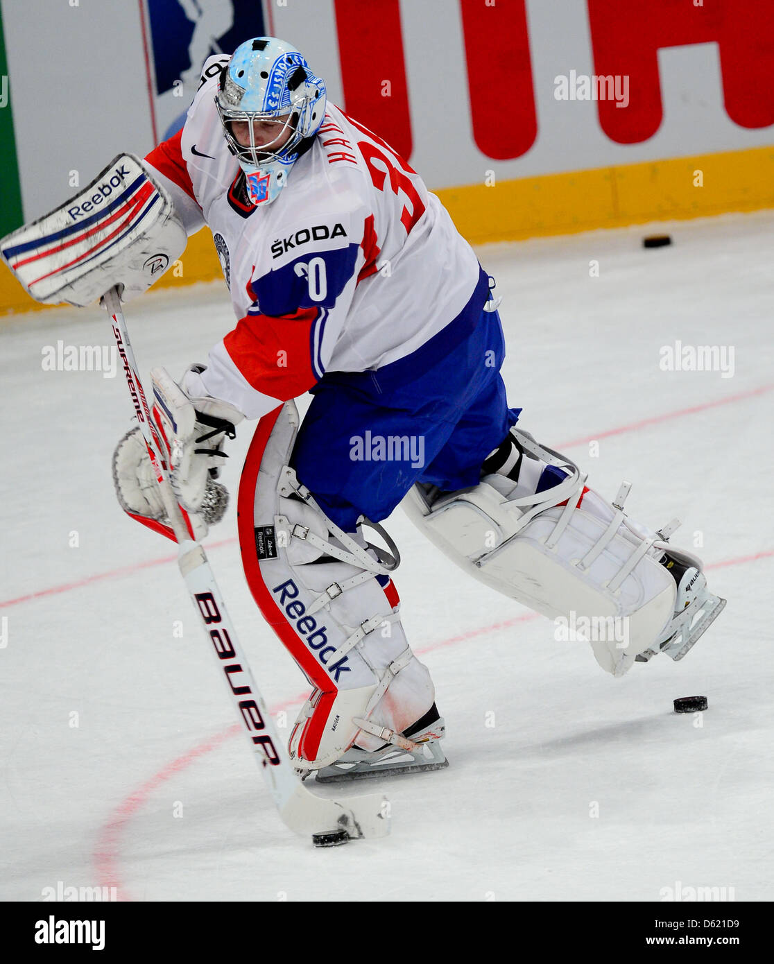 Norway's goalkeeper Lars Haugen in action prior to the Ice Hockey World ...