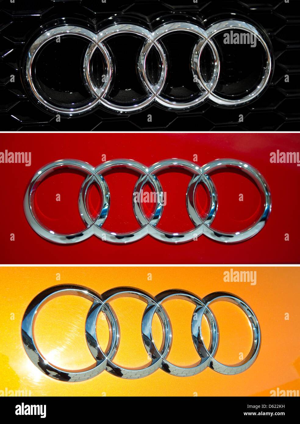 A combo picture shows the Audi logo on the front of a yellow, a red ...