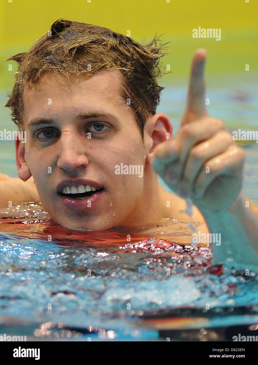Yannick Lebherz celebrates his win in the 400 metre medley relay during ...