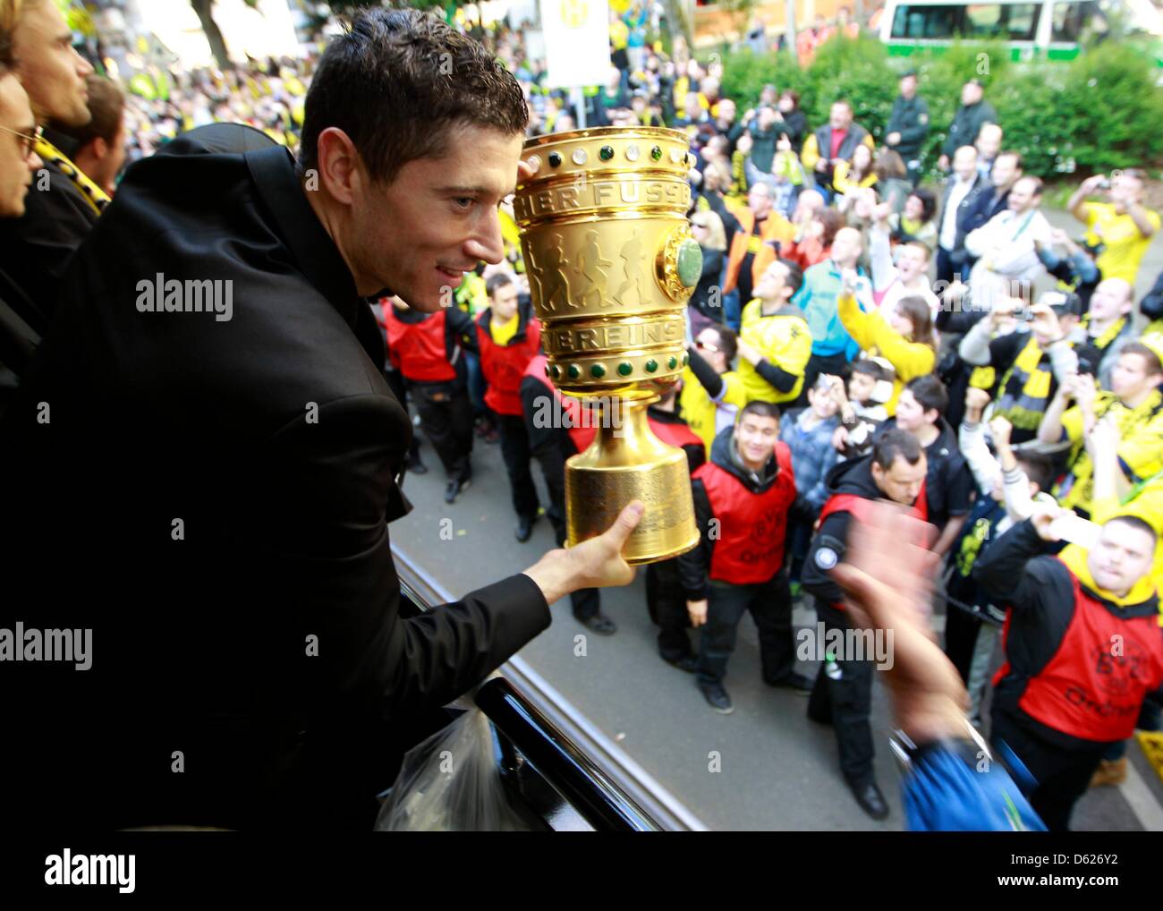 Robert Lewandowski of German soccer champions Borussia Dortmund holds ...