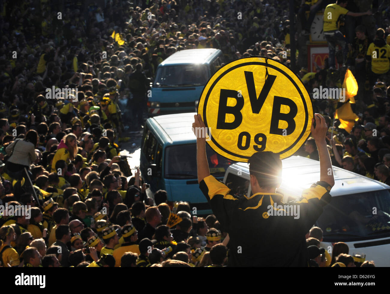 Fans of German Bundesliga soccer club Borussia Dortmund celebrate at ...