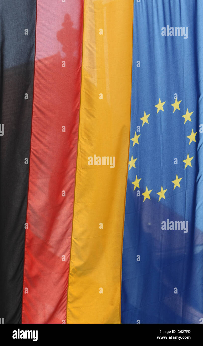 A German and a European flag are pictured in Augsburg, Germany, 08 May ...