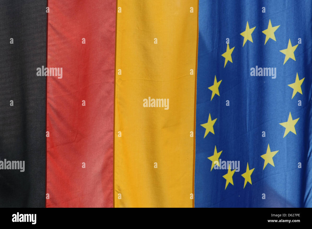 A German and a European flag are pictured in Augsburg, Germany, 08 May ...