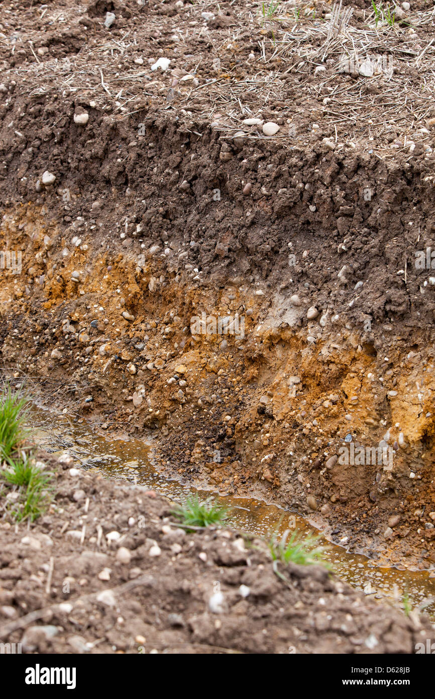 The side of a field drainage ditch showing soil stratification Stock ...