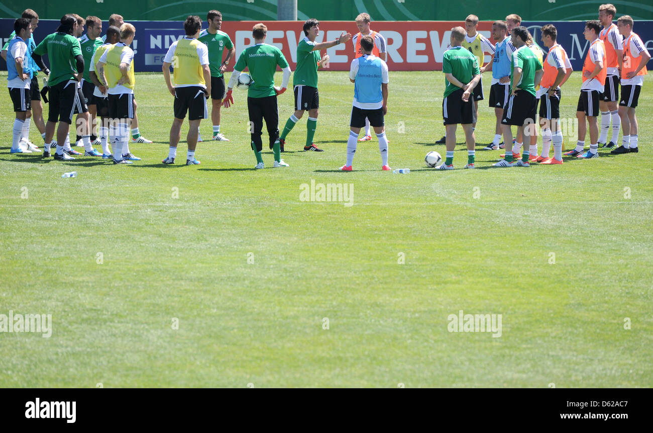 German national soccer coach Joachim Loew (C) instructs his players ...