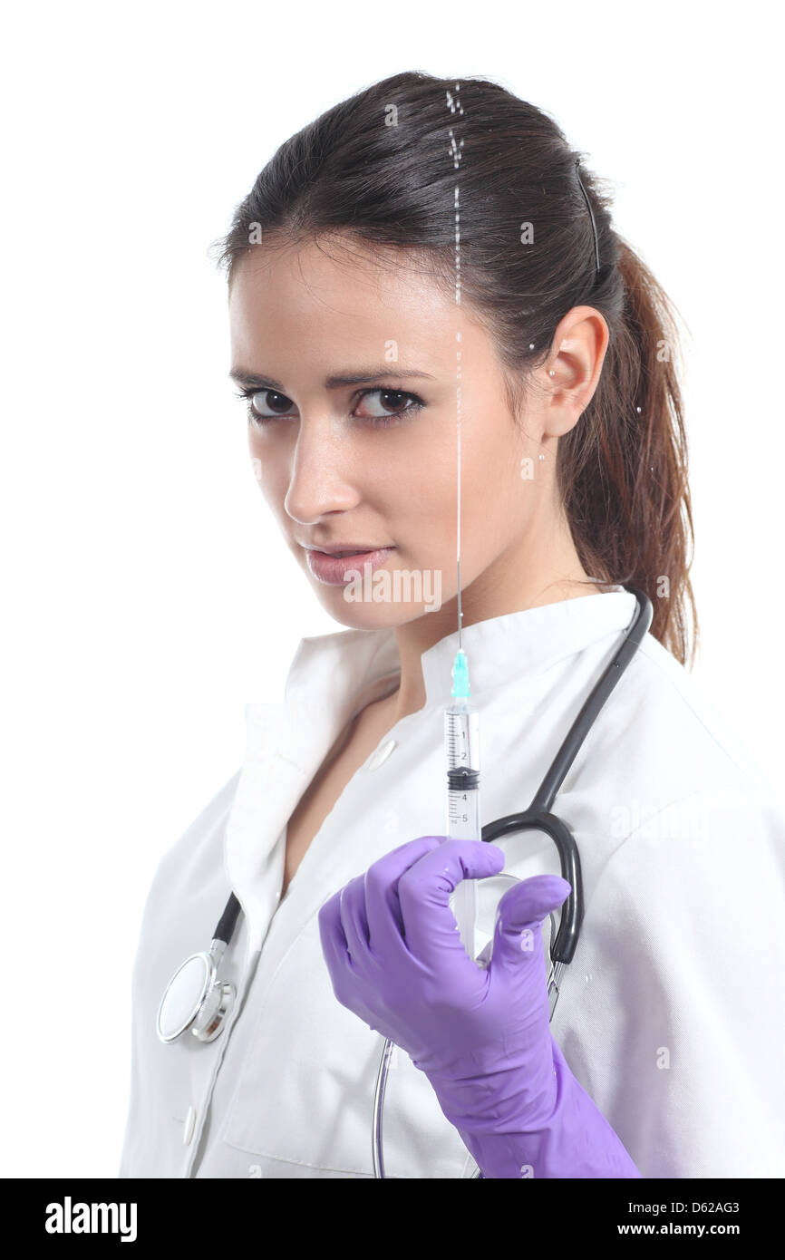 Naughty beautiful nurse playing with a syringe isolated on a white background Stock Photo - Alamy