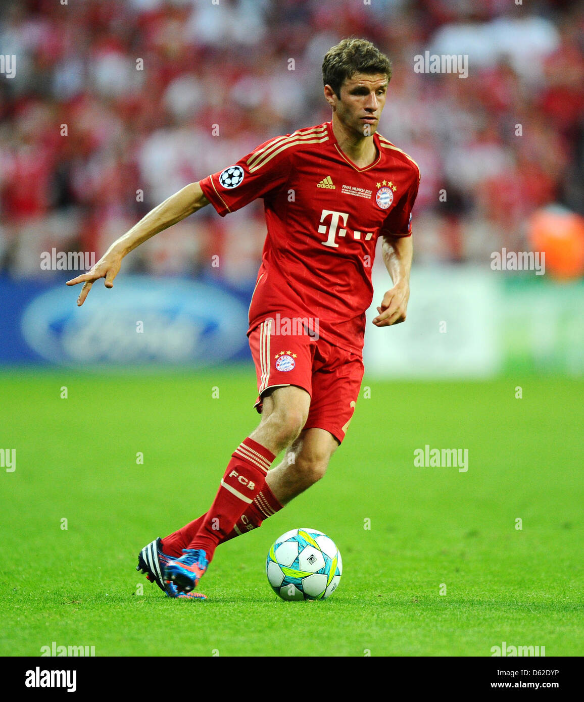 Munich's Thomas Mueller plays the ball during the UEFA Champions League soccer final between FC ...